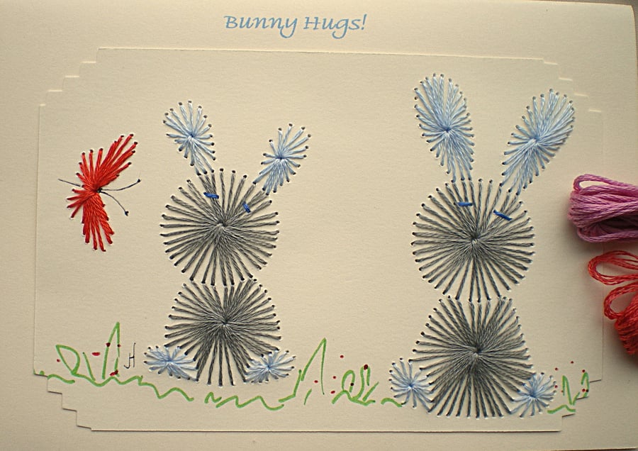 Bunny hugs Hand embroidered card , Animal,Rabb... - Folksy