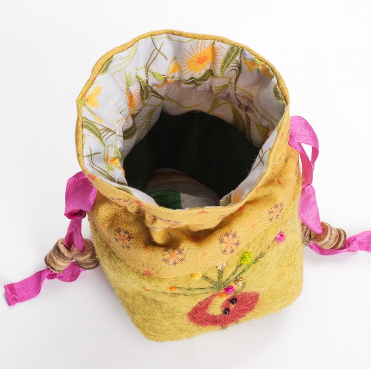 Miniature mustard wool felt drawstring bag with... - Folksy