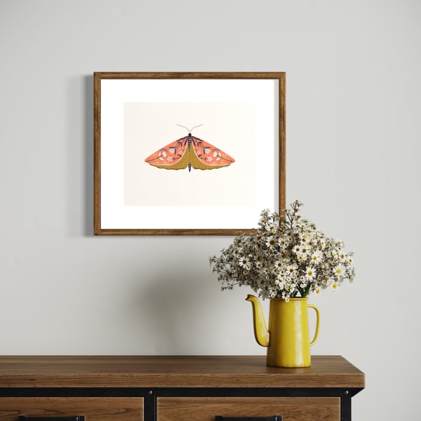 Coral Pink Botanical Floral Moth Illustrated Ar... - Folksy