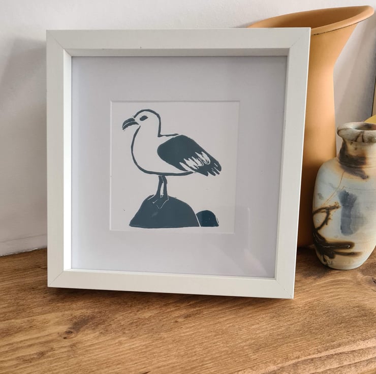 Framed original handprinted linocut blue seagul... - Folksy