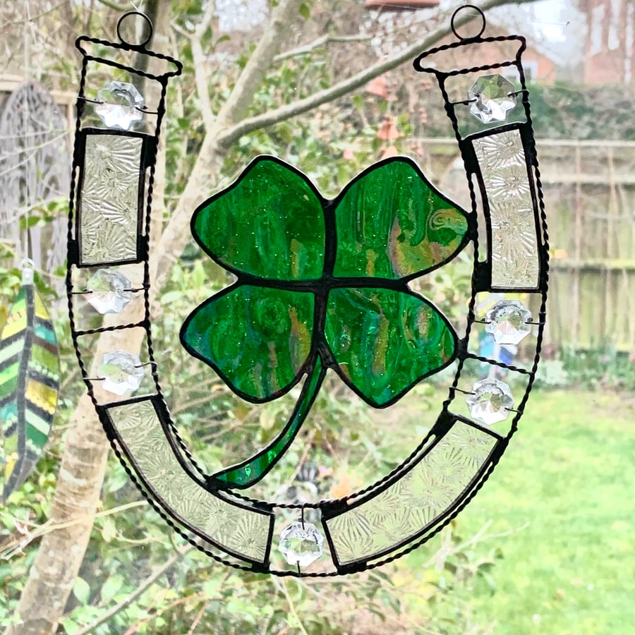 Stained Glass Lucky Horseshoe Four Leaf Clover ... - Folksy