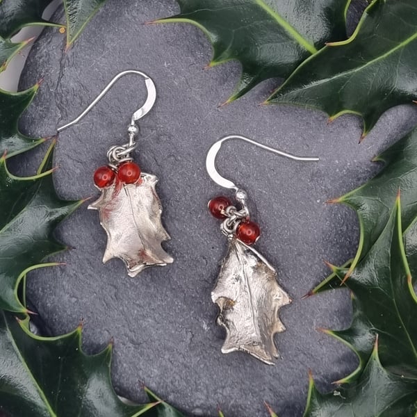 Real Holly leaves preserved in silver dangly ea... - Folksy