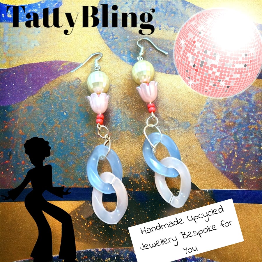 Upcycled Funky Retro Dangly Earrings - Folksy