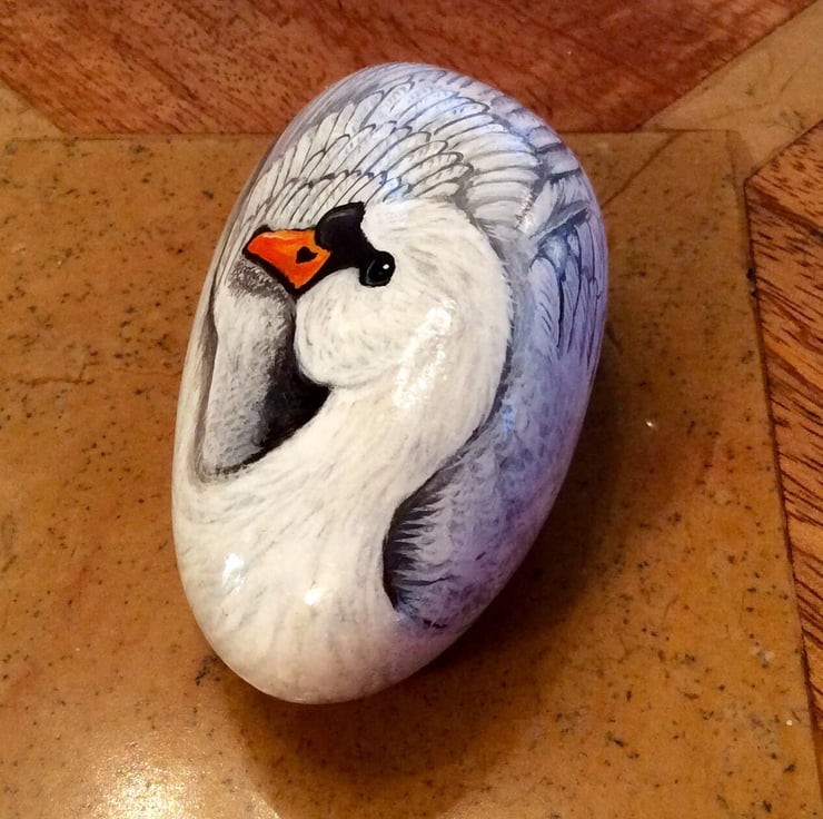 Swan hand painted on rock stone cobble - Folksy