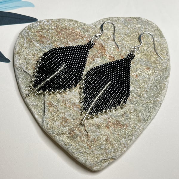 Shiny black and silver mini fringe beaded feath... - Folksy