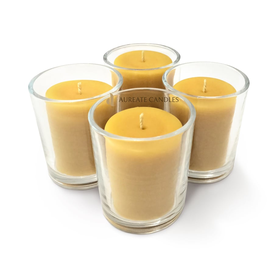 4 Beeswax Votives in Clear Glass Votive Holders - Folksy