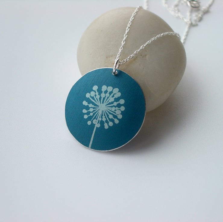 Dandelion necklace pendent in blue and silver - Folksy