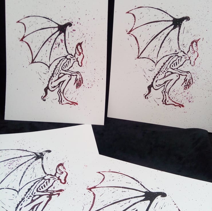 Hand Cut Linoprint - Nightgaunt - Folksy