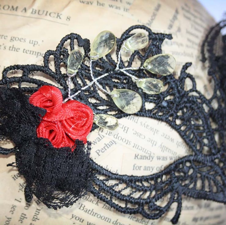 Black Lace Red Rose Beaded Masquerade Mask Fanc... - Folksy