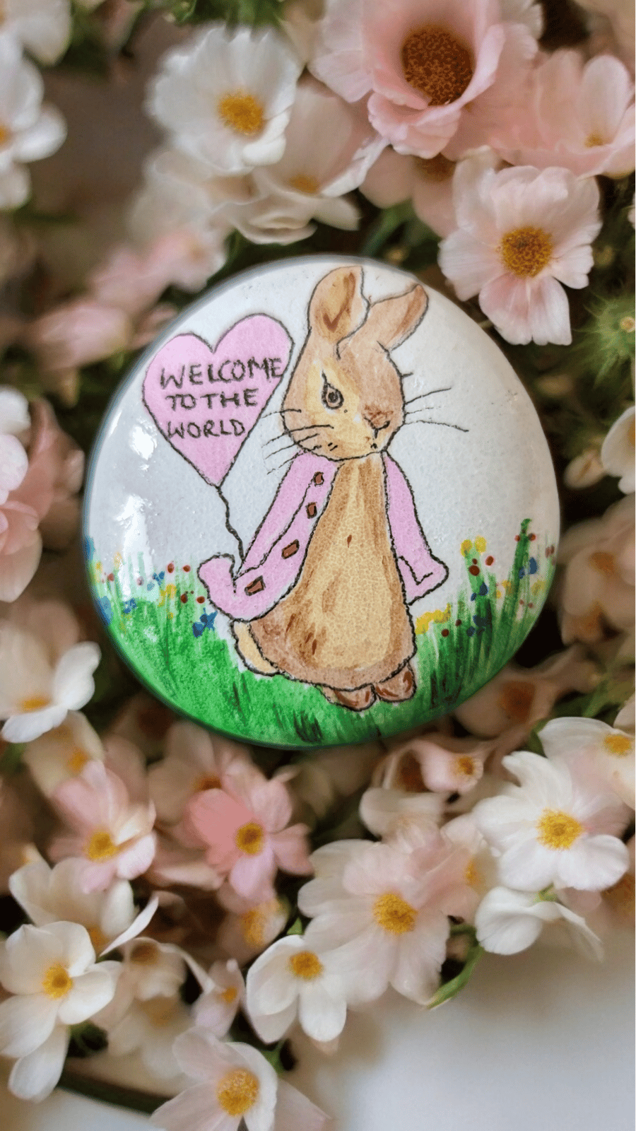 Flopsy rabbit welcome to the world painted pebble - Folksy