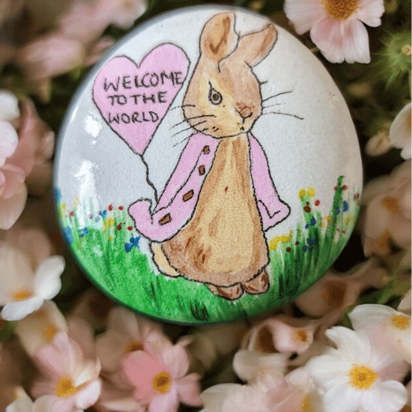 Flopsy rabbit welcome to the world painted pebble - Folksy