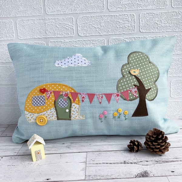 Caravan Cushion with Tree and Bunting - Folksy