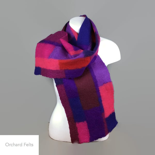 Felted patchwork scarf in shades of red, blue, ... - Folksy