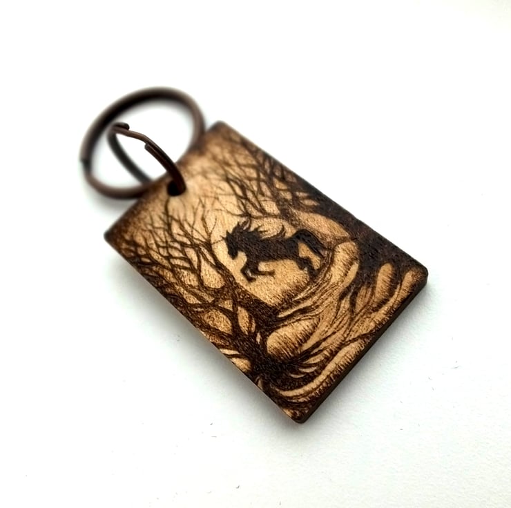 Woodland horse silhouette pyrography keyring, r... - Folksy