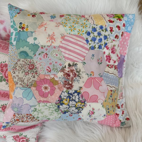 Hexagon Patchwork Cushion - Folksy