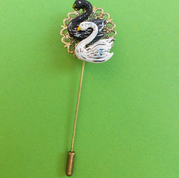 BLACK & WHITE SWAN PIN on Bronze Tone Filig... - Folksy