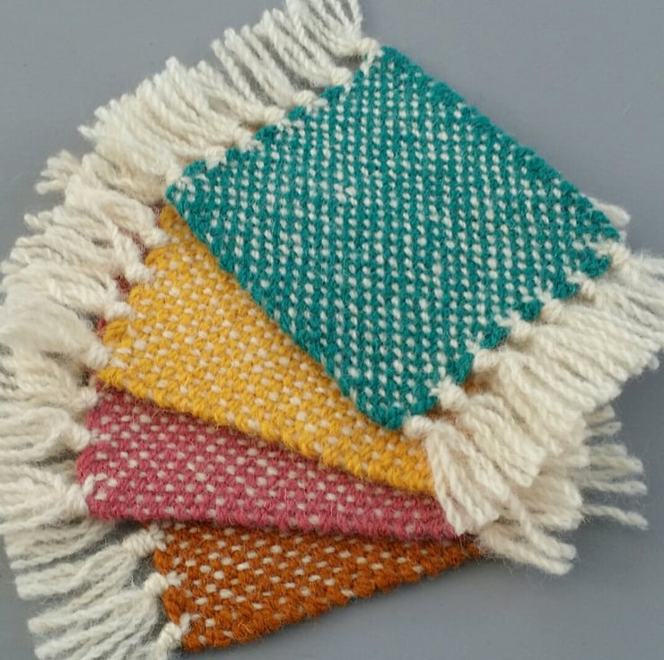 Hand Woven Wool Coasters - Set of 4 - Pink, Gol... - Folksy