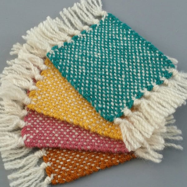Hand Woven Wool Coasters - Set of 4 - Pink, Gol... - Folksy