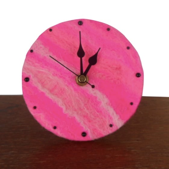 Desk clock, nuno felted in bright pink, 12.5cm,... - Folksy
