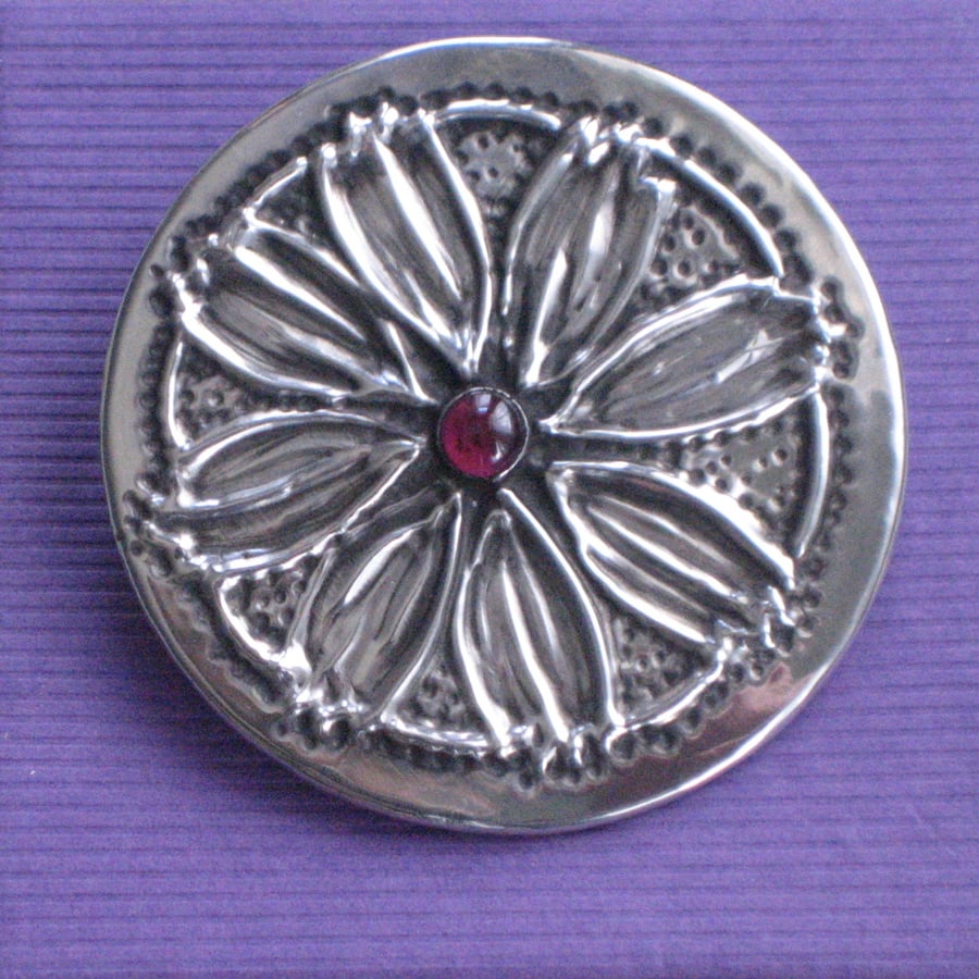 Cosmos Flower Garnet Brooch in Silver Pewter - Folksy