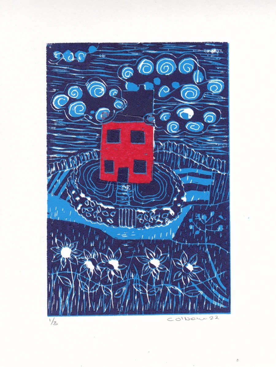 Little Red House in the Clouds - Lino Print wit... - Folksy
