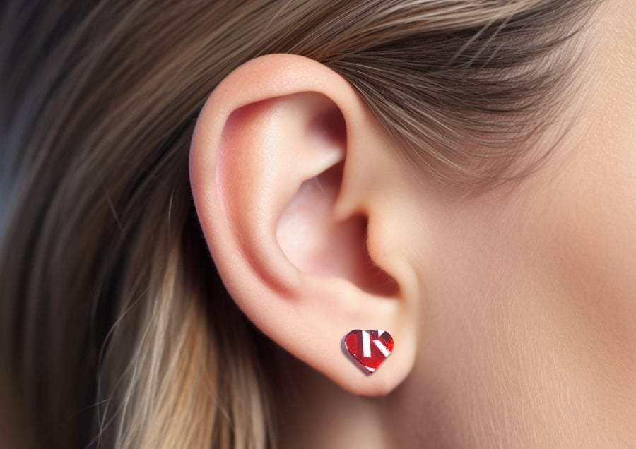 Red Heart Stud Earrings Featuring White Abstrac... - Folksy