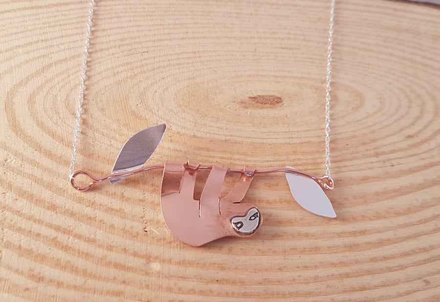 Sterling Silver and Copper Etched Sloth Necklac... - Folksy