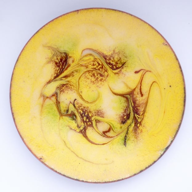 enamel dish - scrolled red over yellow - Folksy