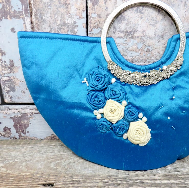 Blue silk decorated evening bag. Wedding bag. P... - Folksy