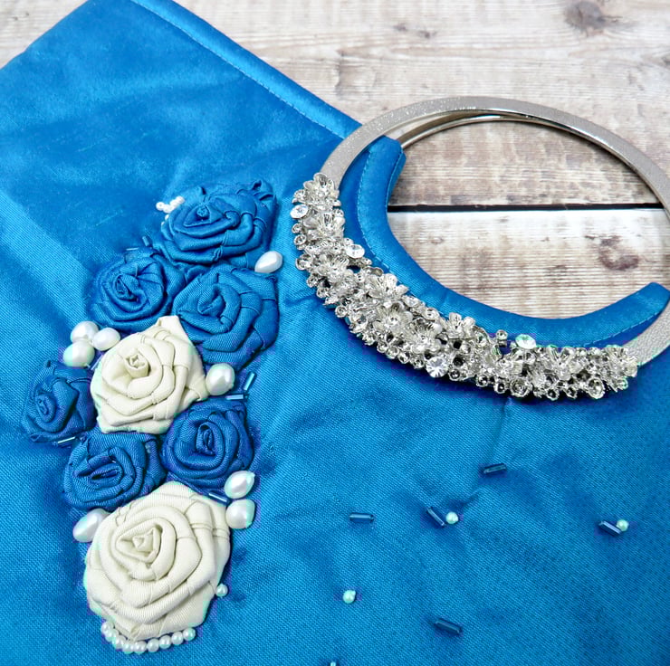 Blue silk decorated evening bag. Wedding bag. P... - Folksy