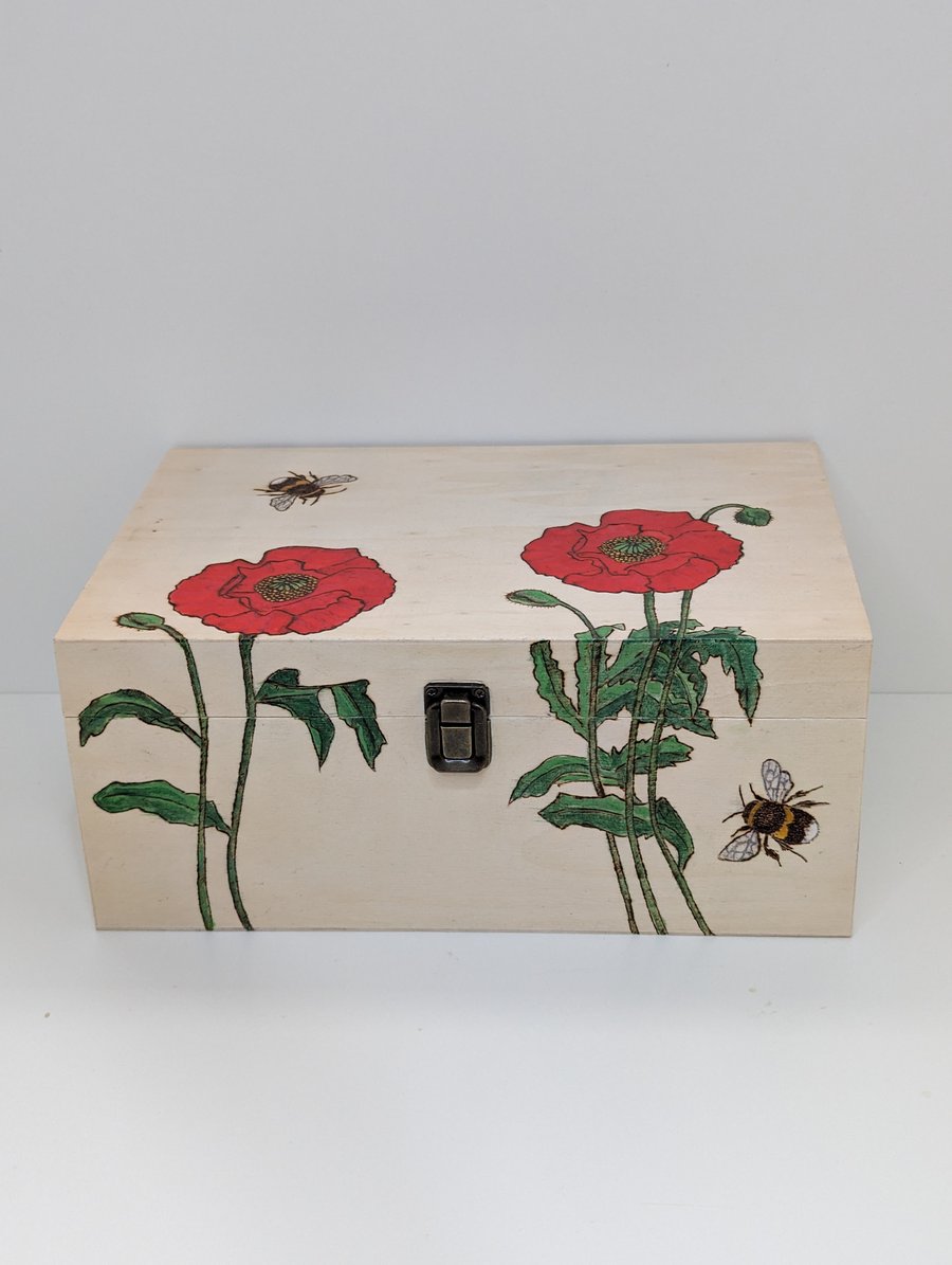 Poppies wooden memory keepsake box, pyrography ... - Folksy