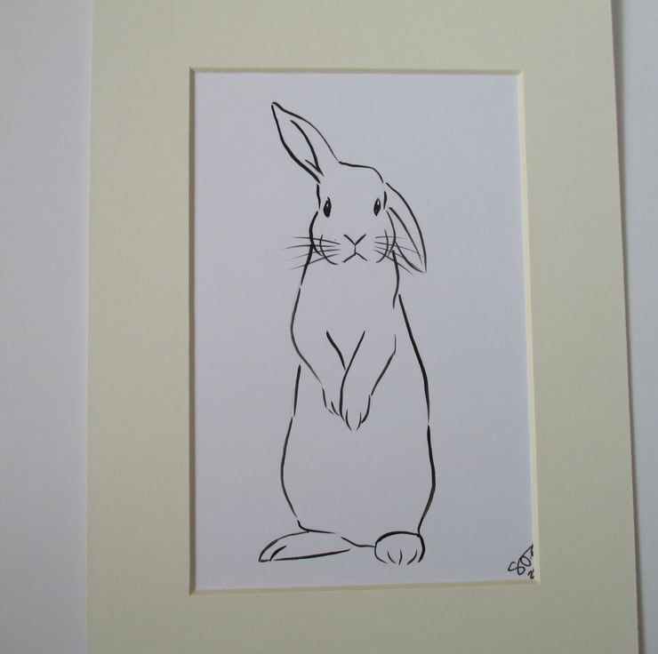 Bunny Rabbit Original Art Line Painting Mounted... - Folksy