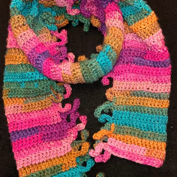Hand Crocheted Vibrant Wiggly Scarf - Folksy