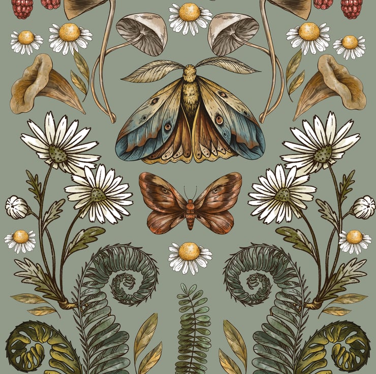 Garden Moths Mushrooms and Flowers Collage Illu... - Folksy