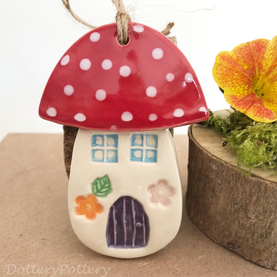 Ceramic toadstool decoration with purple door - Folksy