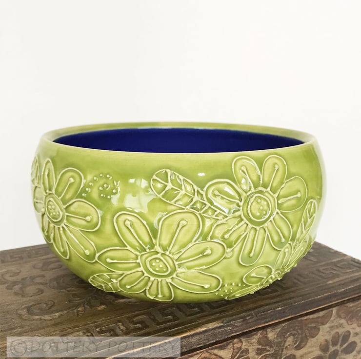 Green ceramic pot pottery bowl beautiful raised... - Folksy