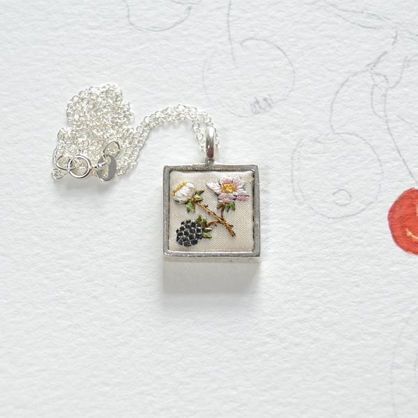 Hand embroidered bramble pendant - Folksy