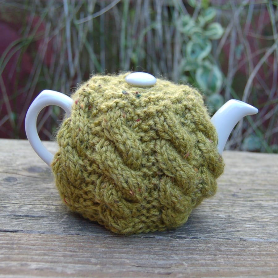 Small tea cosy cable design in olive green wool... - Folksy