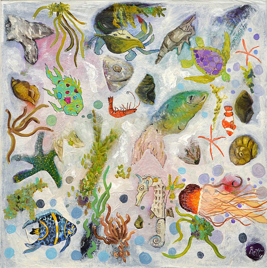 Framed Original Abstract Painting of Sea Life (... - Folksy