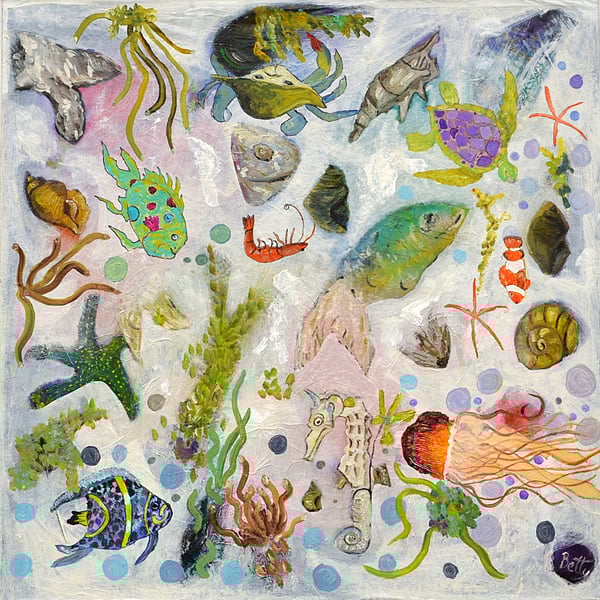 Framed Original Abstract Painting of Sea Life (... - Folksy