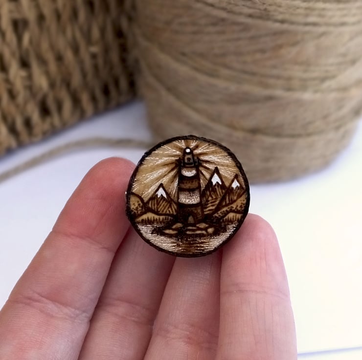Lighthouse shining, wooden tree slice pyrograph... - Folksy