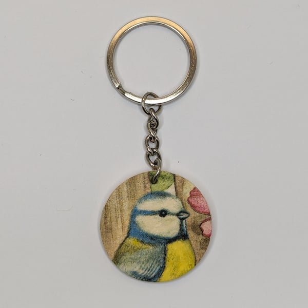 Blue tit round wooden keyring, garden bird, gi... - Folksy