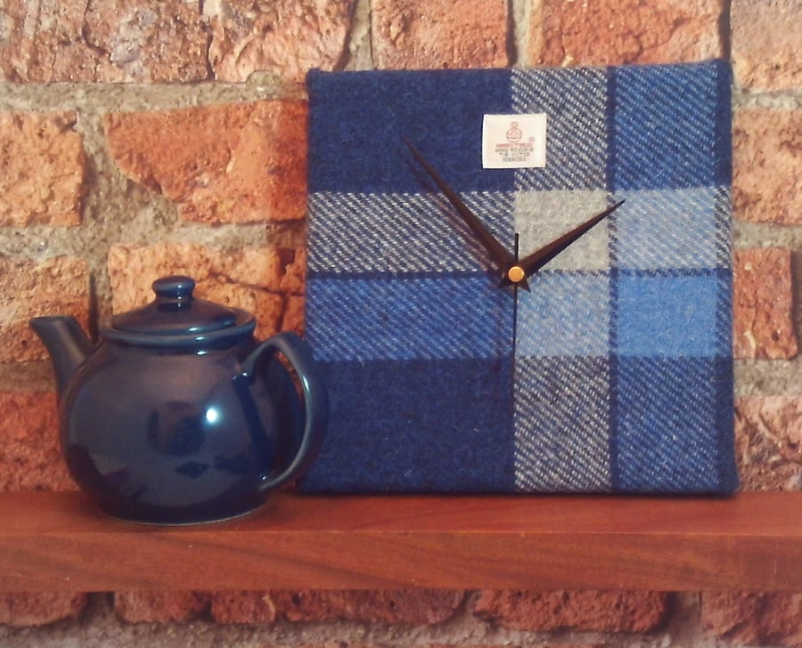 Harris Tweed square clock blue and white check ... - Folksy