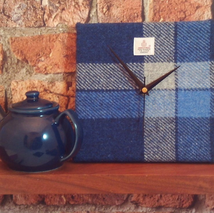 Harris Tweed square clock blue and white check ... - Folksy