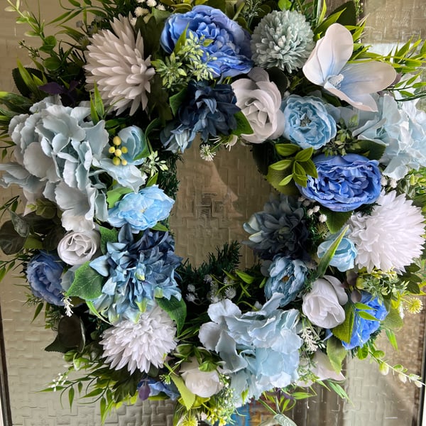 Beautiful blue and white flower door wreath - Folksy