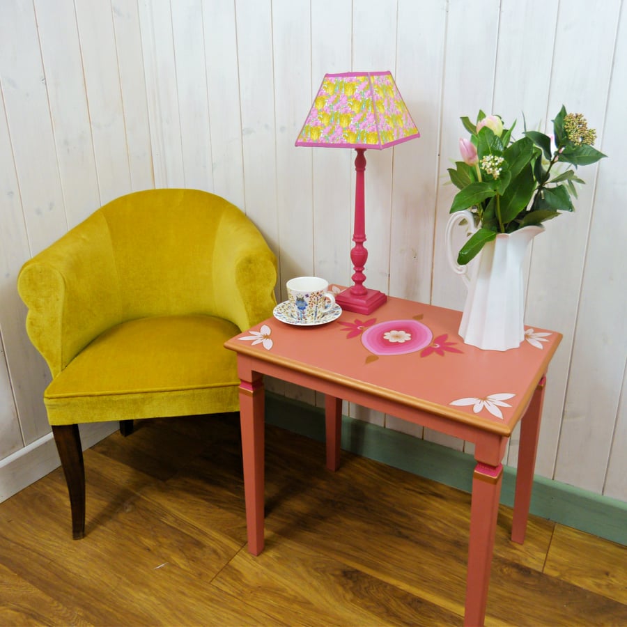 Pink hand painted coffee table in unique floral... - Folksy