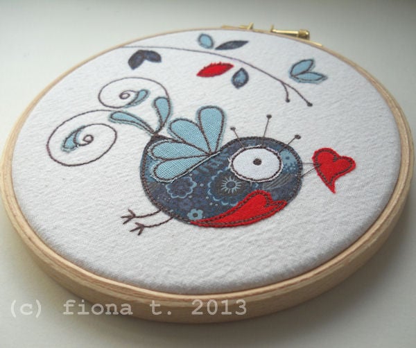 embroidered bird hoop - Folksy