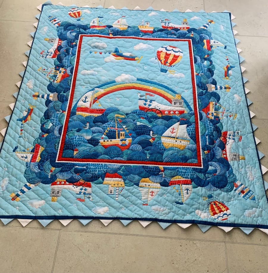 Out To Sea Hand Quilted baby quilt or play-mat - Folksy