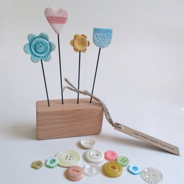 Flower Garden - Clay Flowers in a Wooden Block - Folksy