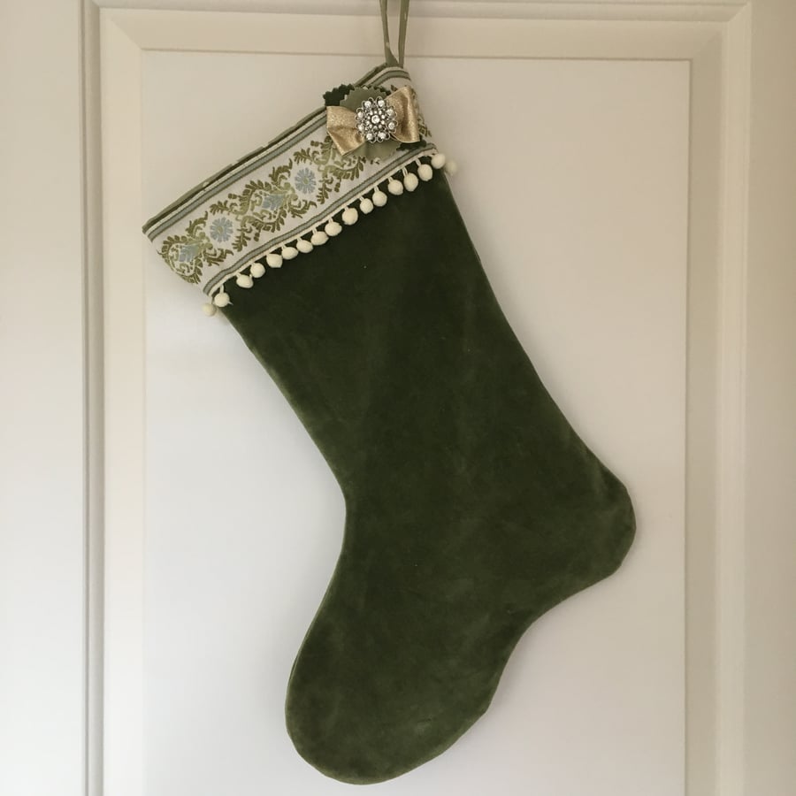 Green velvet stocking with vintage embroidered ... - Folksy